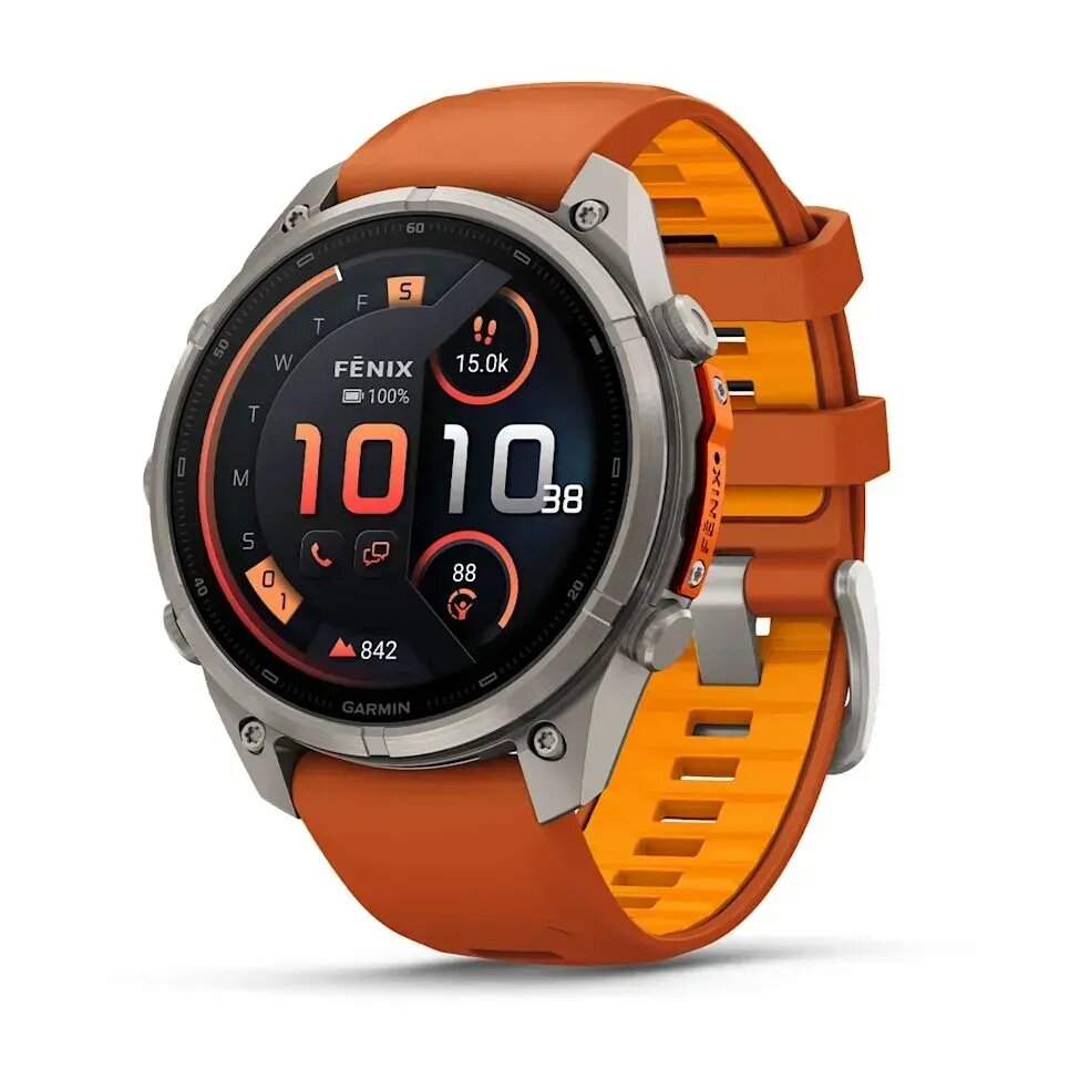 Смарт-часы Garmin Fenix 9 PRO inReach - 47 мм, Amoled, Titanium, с силиконовым ремешком осенне-оранжевого цвета (010-04336-01)