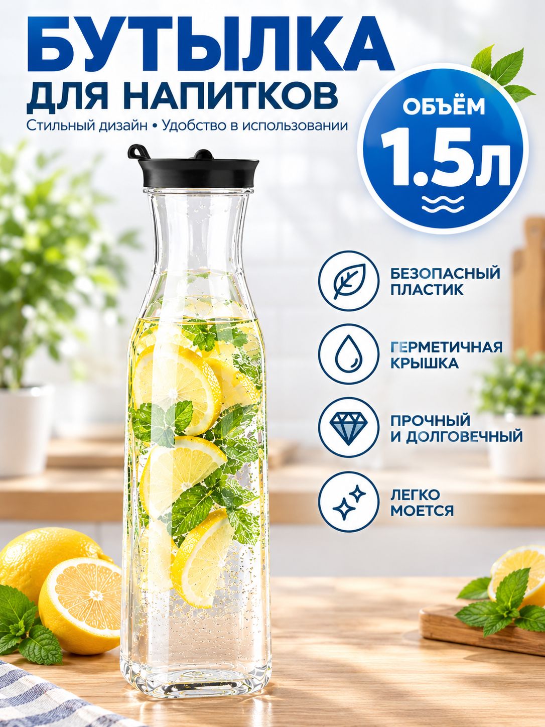 Кувшин "для напитков / ледяной водой, графин, Бутылка лимонада" 1.5 л 1 шт пластик черный