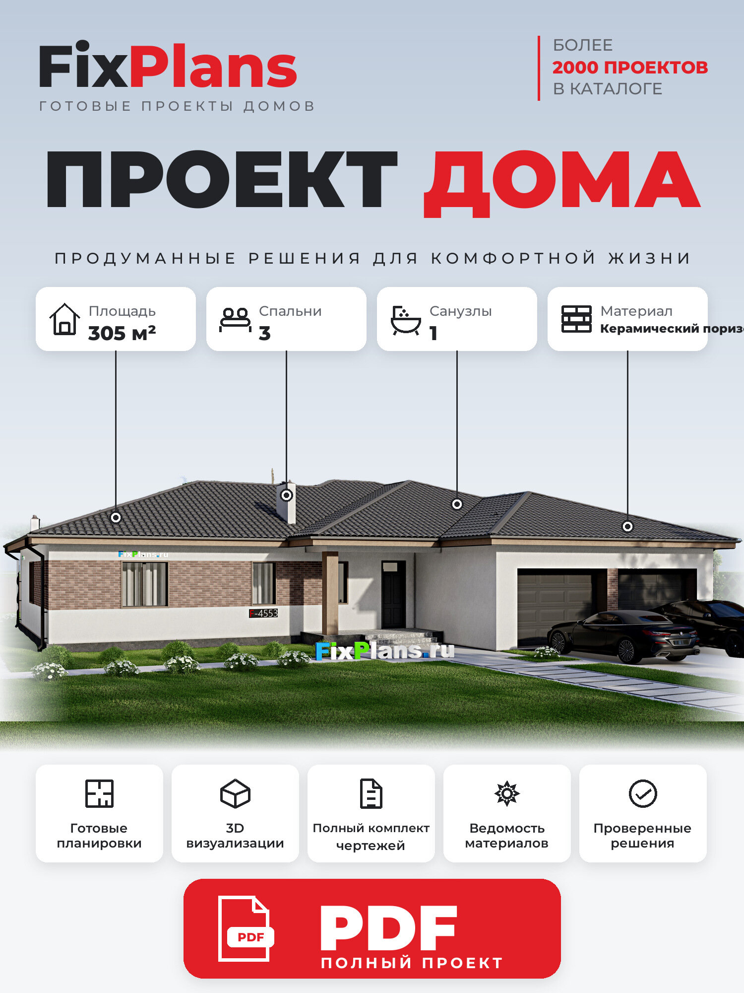Проект дома FIXPLANS. Одноэтажный. Площадь 295.88 м2 F-4553 Размер 21.7 х 17.37