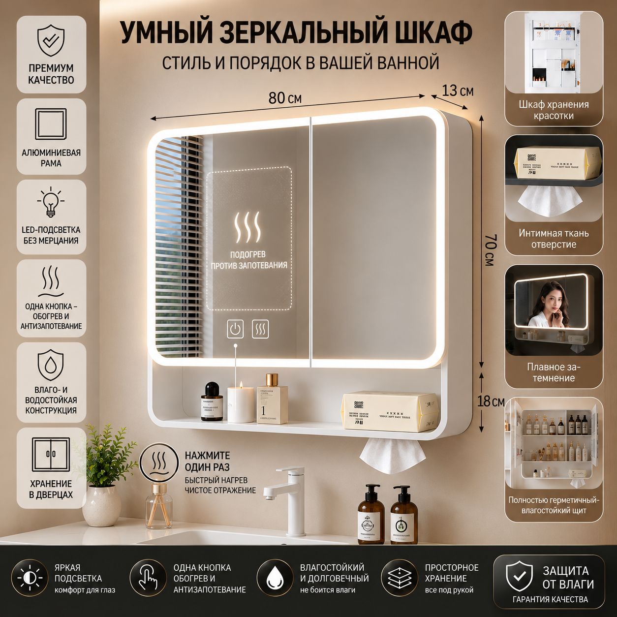 Умный Зеркальный Шкаф из Алюминия (Высота 88 см) - LED Подсветка, Подогрев, Открытая Полка,88,80, слоновая кость