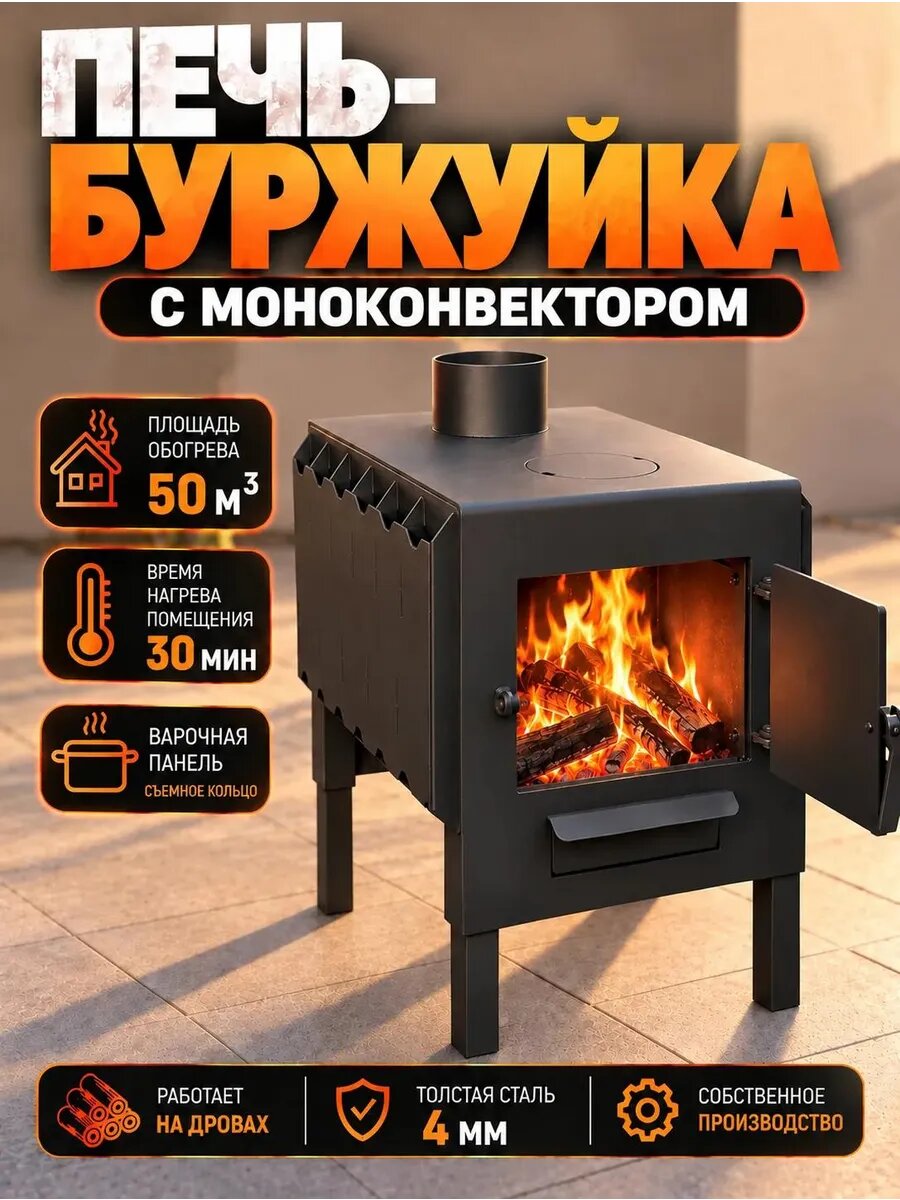 Печь буржуйка отопительная 4 мм с моноконвектором, кочергой