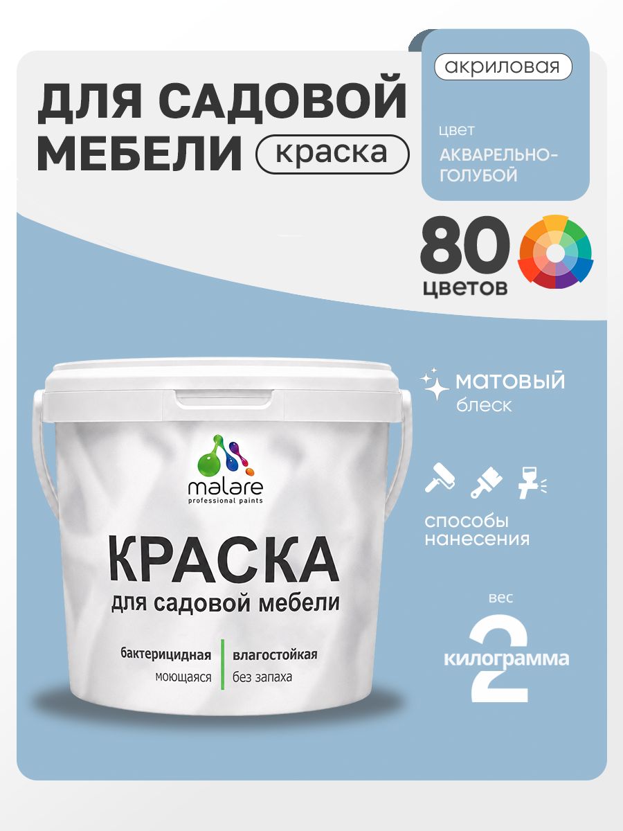 Акриловая краска Malare для садовой мебели/ по дереву, для наружных и внутренних работ/ быстросохнущая моющаяся без запаха матовая, акварельно-голубой, 2 кг