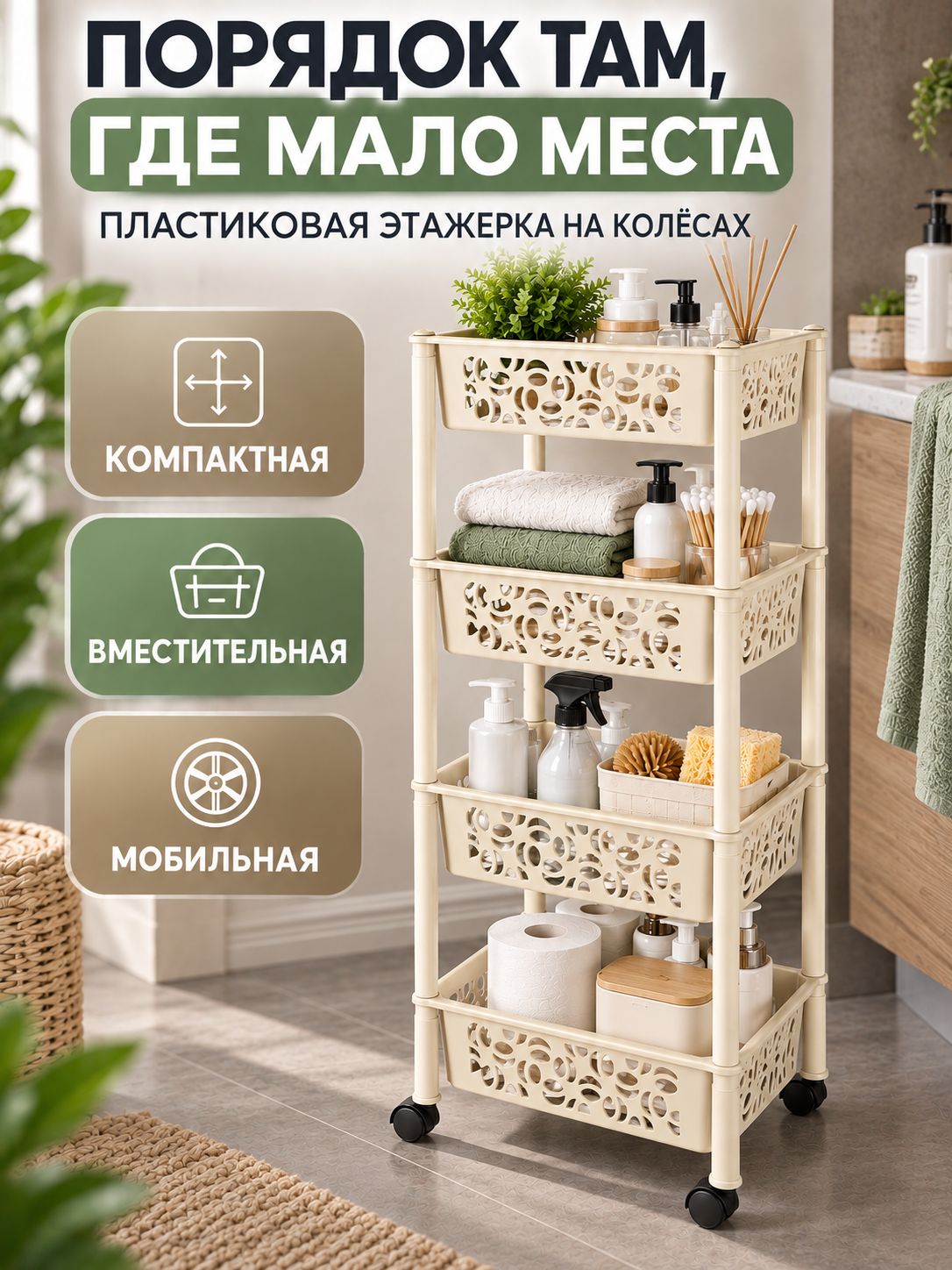Этажерка пластиковая на колесах, 4-х секционная, прямоугольная, 37х29х93,5 см