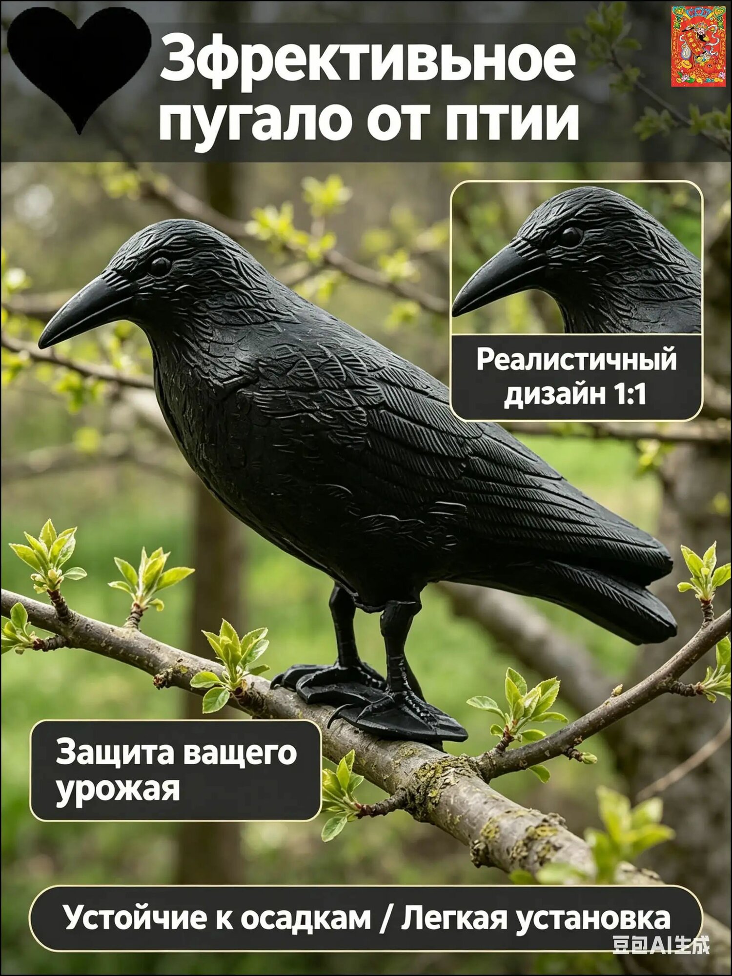 Чучело вороны садовое для отпугивания птиц, реалистичный муляж ворона от голубей и воробьев, декоративная фигурка для защиты урожая на даче.