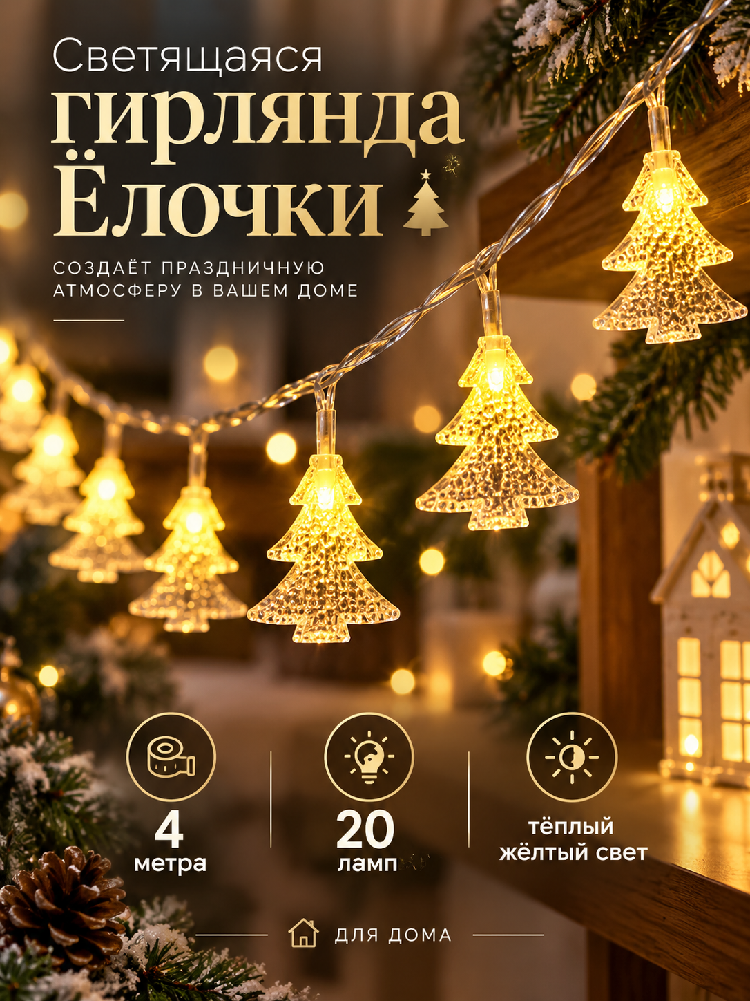 Гирлянда "Ёлочки" 4 м, 20 ламп, 1 режим - постоянный свет, теплый (желтый)