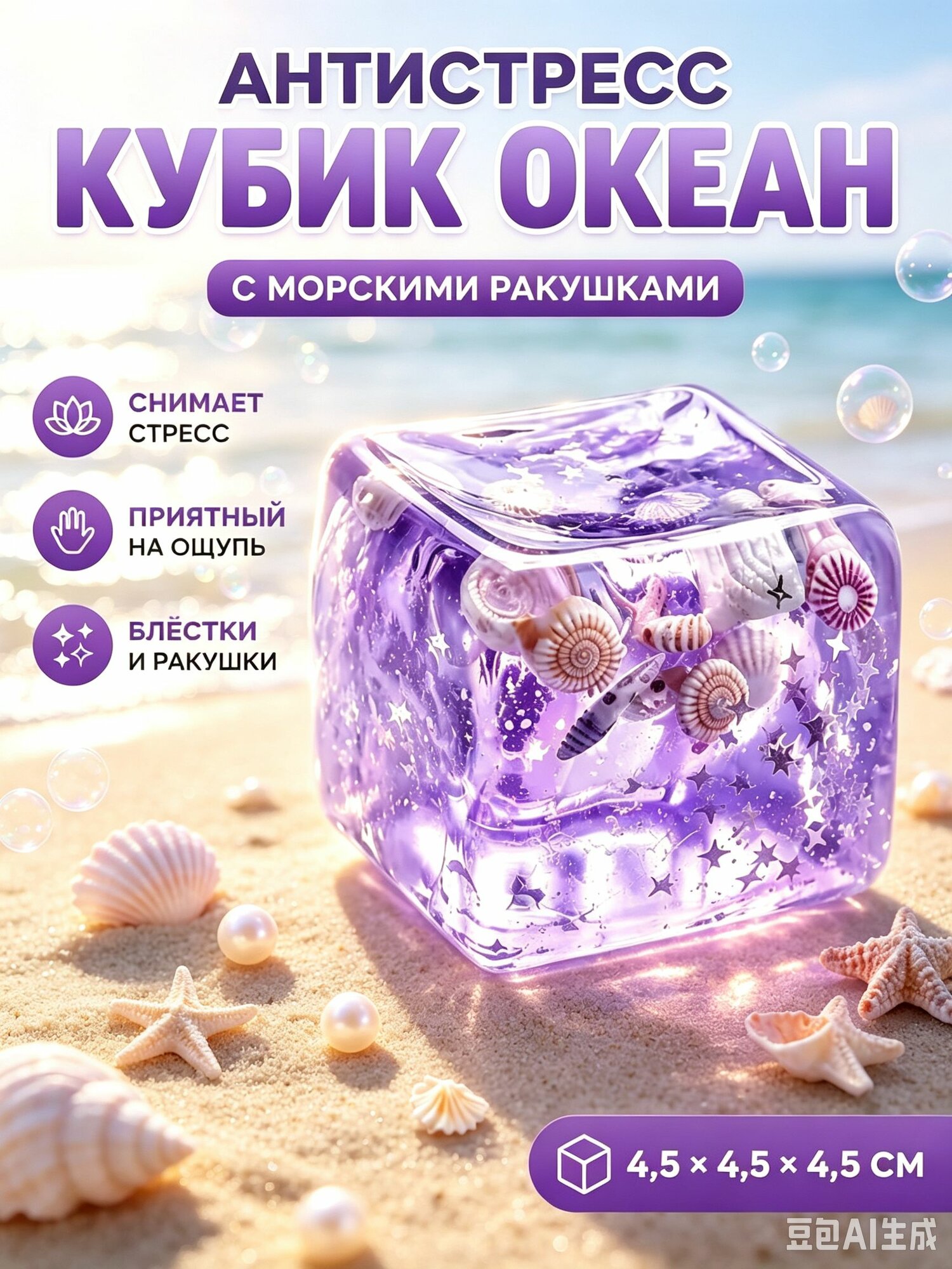 4.5cm, Сквиш-куб океанский остров , с ракушками и блестками