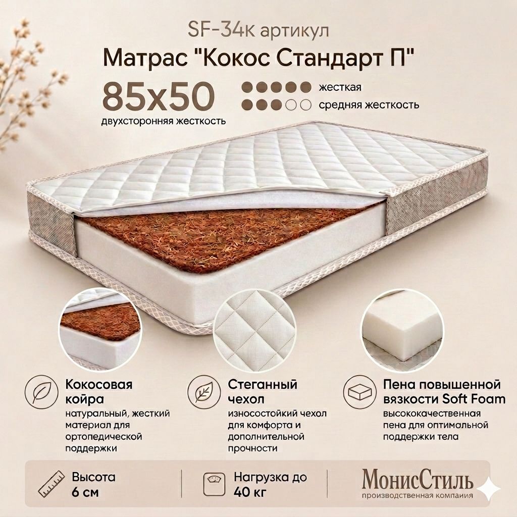 Матрас Кокос Стандарт детский 85*50*6 см арт. SF-34к