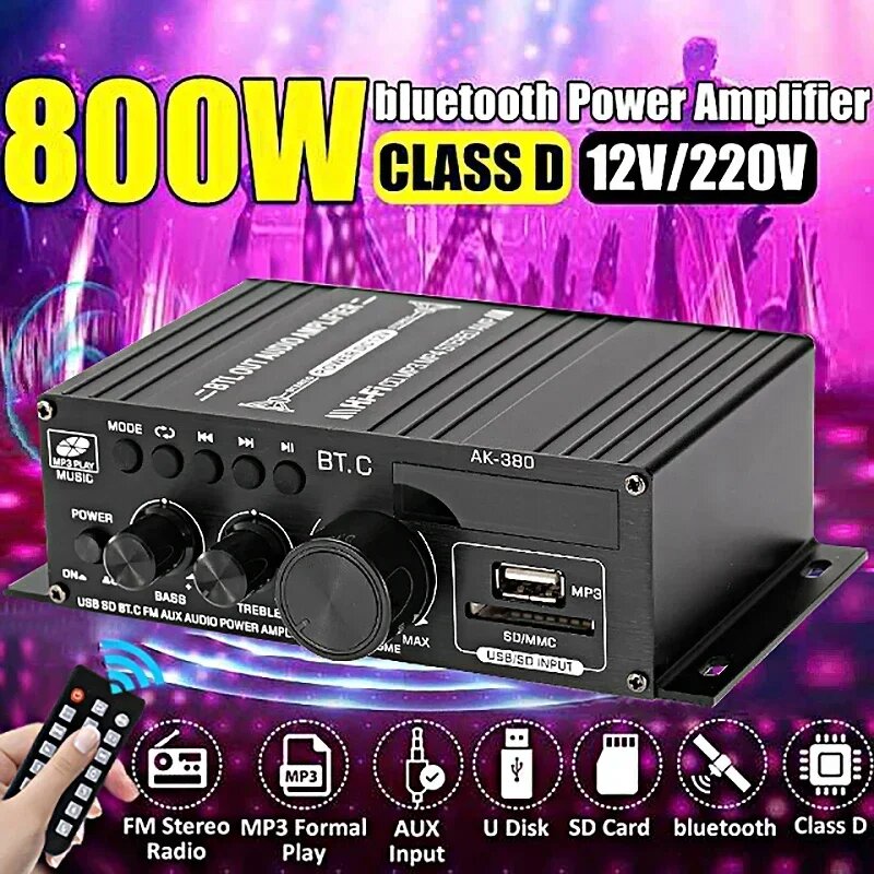 Luxuglow AK35 800 Вт 2-канальный автомобильный/домашний усилитель Bluetooth 5.0 AK380 no plug
