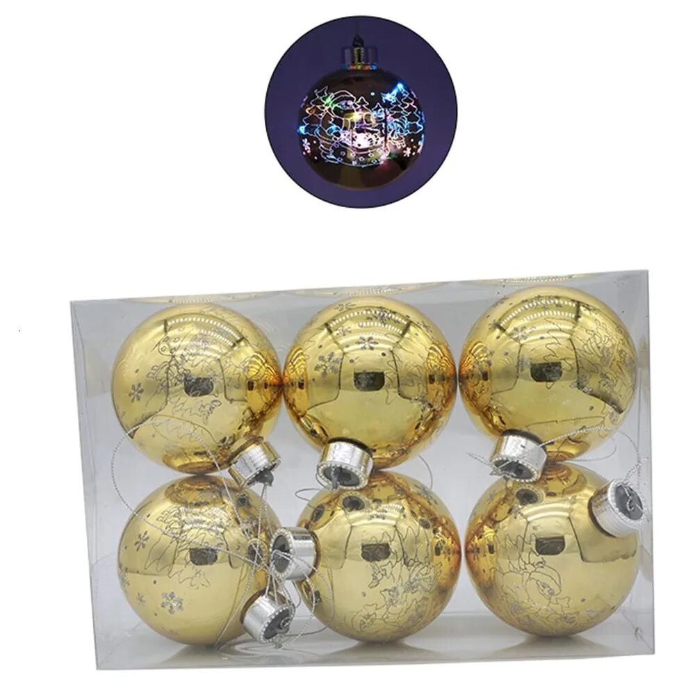 Новогодние шары с LED-подсветкой, 6 шт, Золото