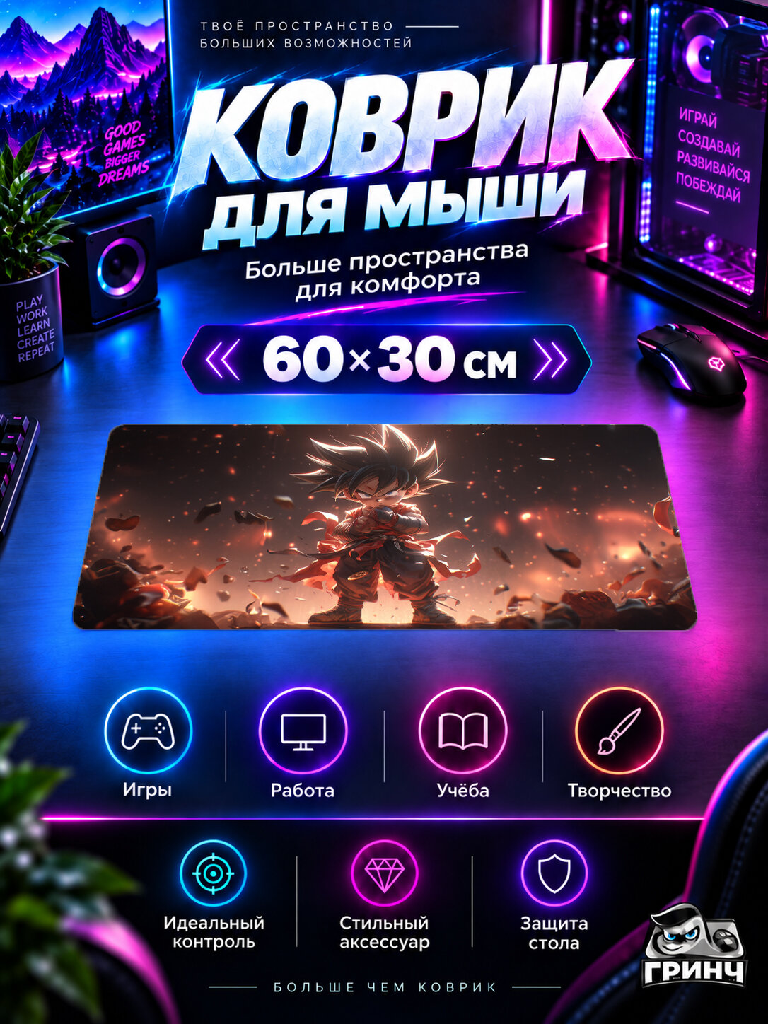 Игровой коврик для мыши и клавиатуры Dragon Ball / Драконий жемчуг — Power Levels Of Goku Unleashed 60х40 см XL
