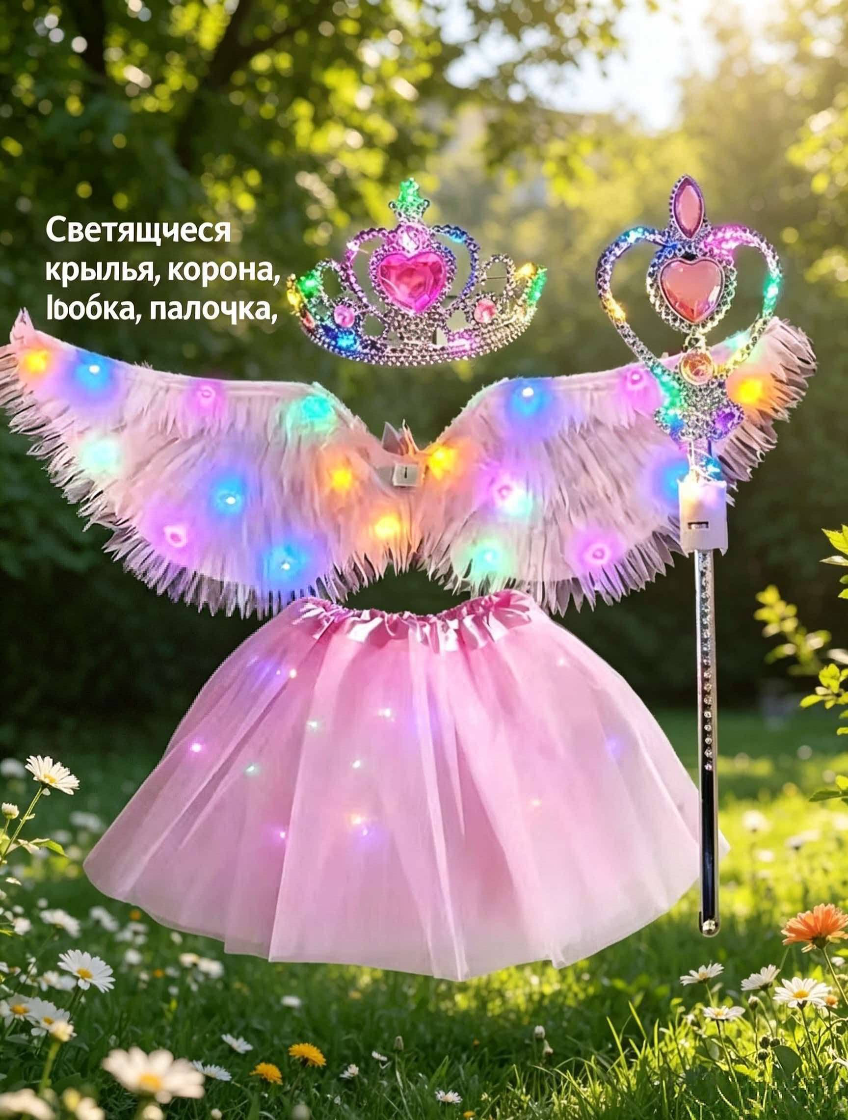 Розовые светящиеся крылья, корона, юбка, палочка
