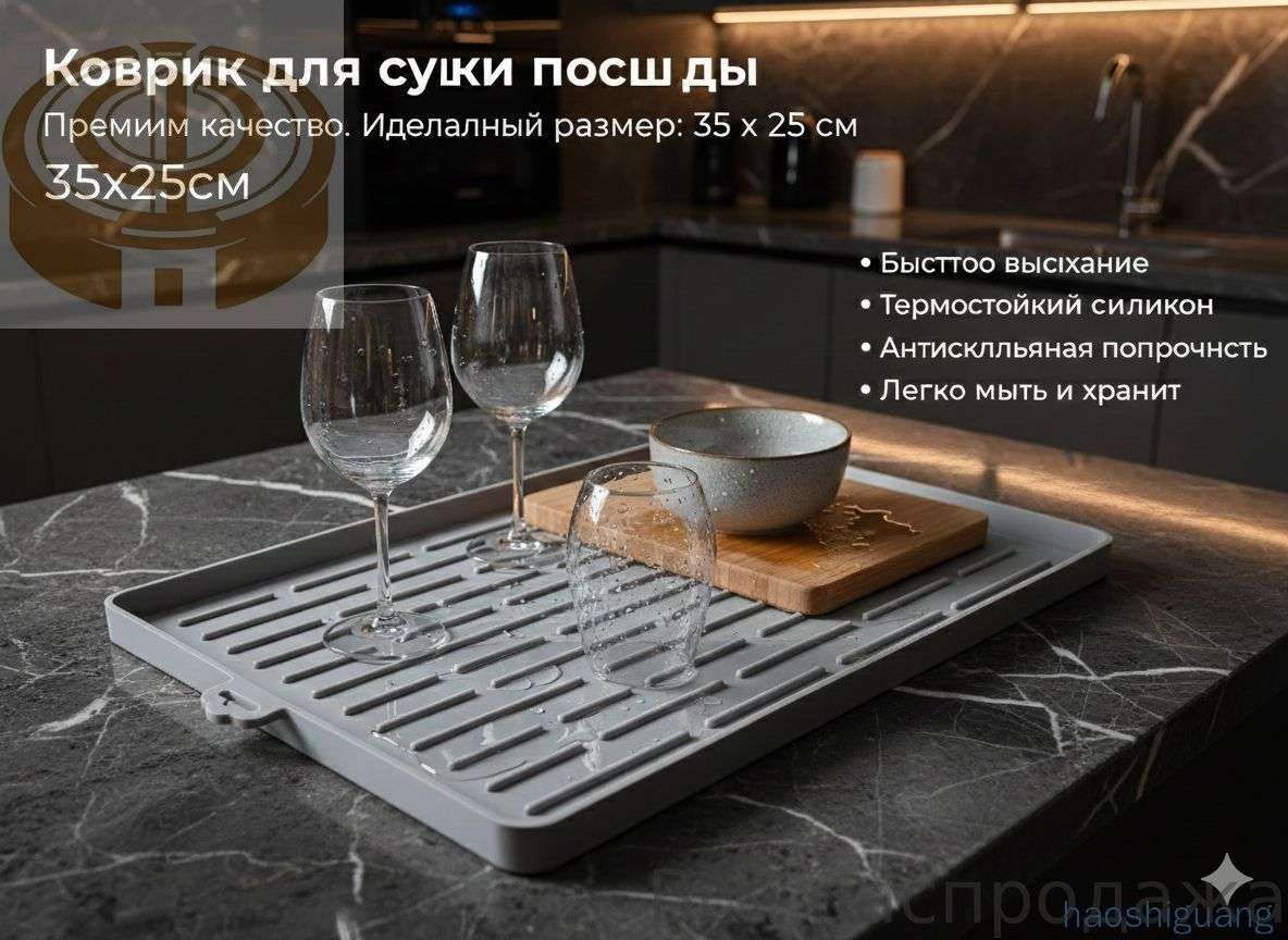 Коврик для сушки посуды 25 см x 35 см 1 шт пищевой силикон серый