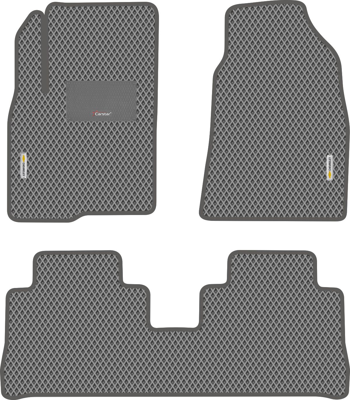 Автомобильные коврики EVA для Chevrolet Captiva дорестайл (2006-2011), с каучуковым подпятником и 2 эмблемами Chevrolet, серые с серым кантом, ячейка - ромб