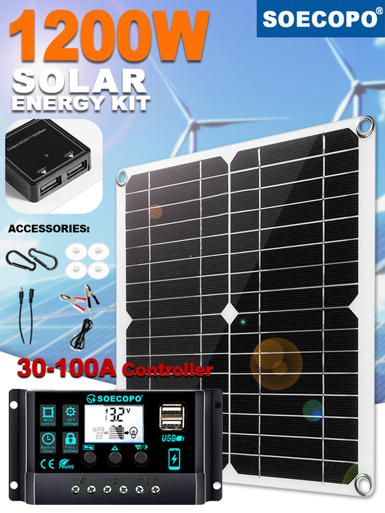 Солнечный комплект SOECOPO 12 В, панель и контроллер 10–100 А, USB, автодом и кемпинг