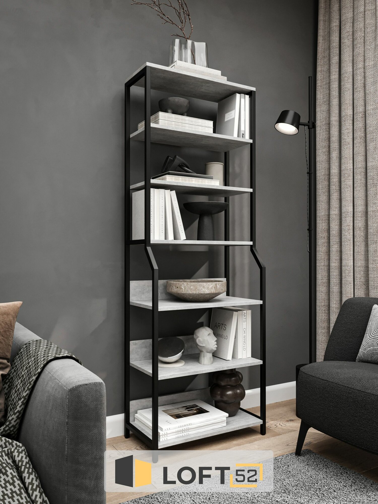 Стеллаж напольный, LOFT 52, размер: 60х171 см, ЛДСП; Металл, Цвет: Цемент светлый