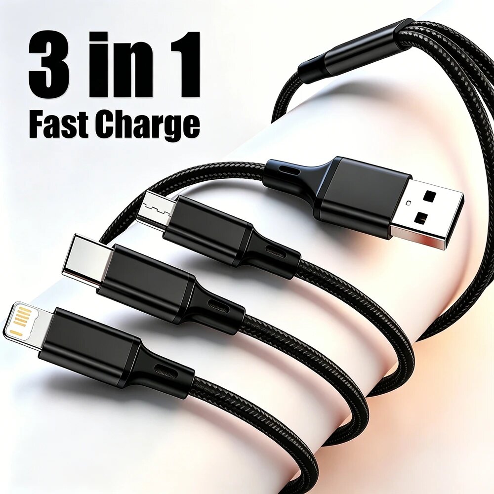 Многопортовый USB-кабель Для Быстрой Зарядки 3-в-1 Для iPhone, Xiaomi, Redmi, POCO, Черный, Black