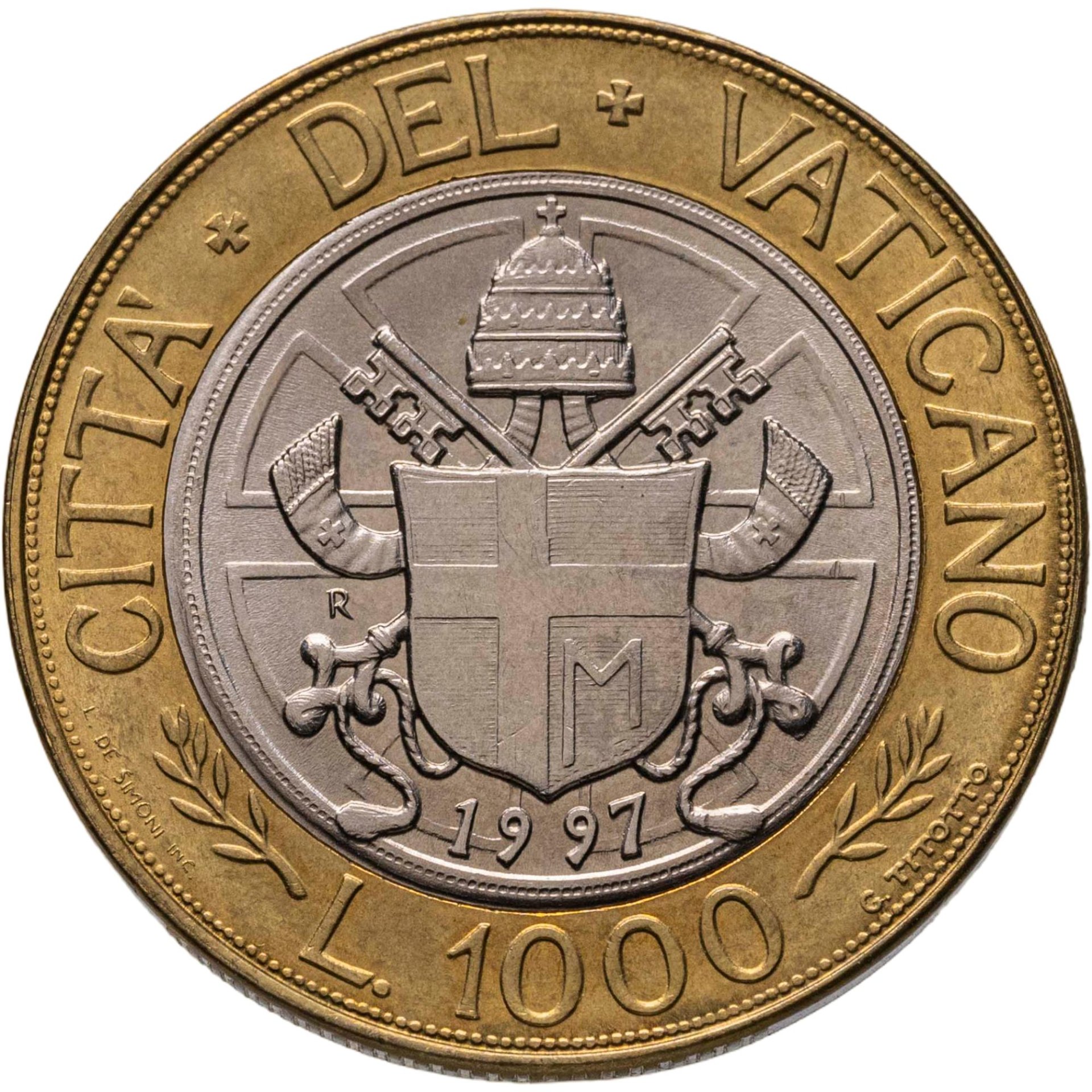 Ватикан 1000 лир lire 1997, Биметалл, в сохранности UNC