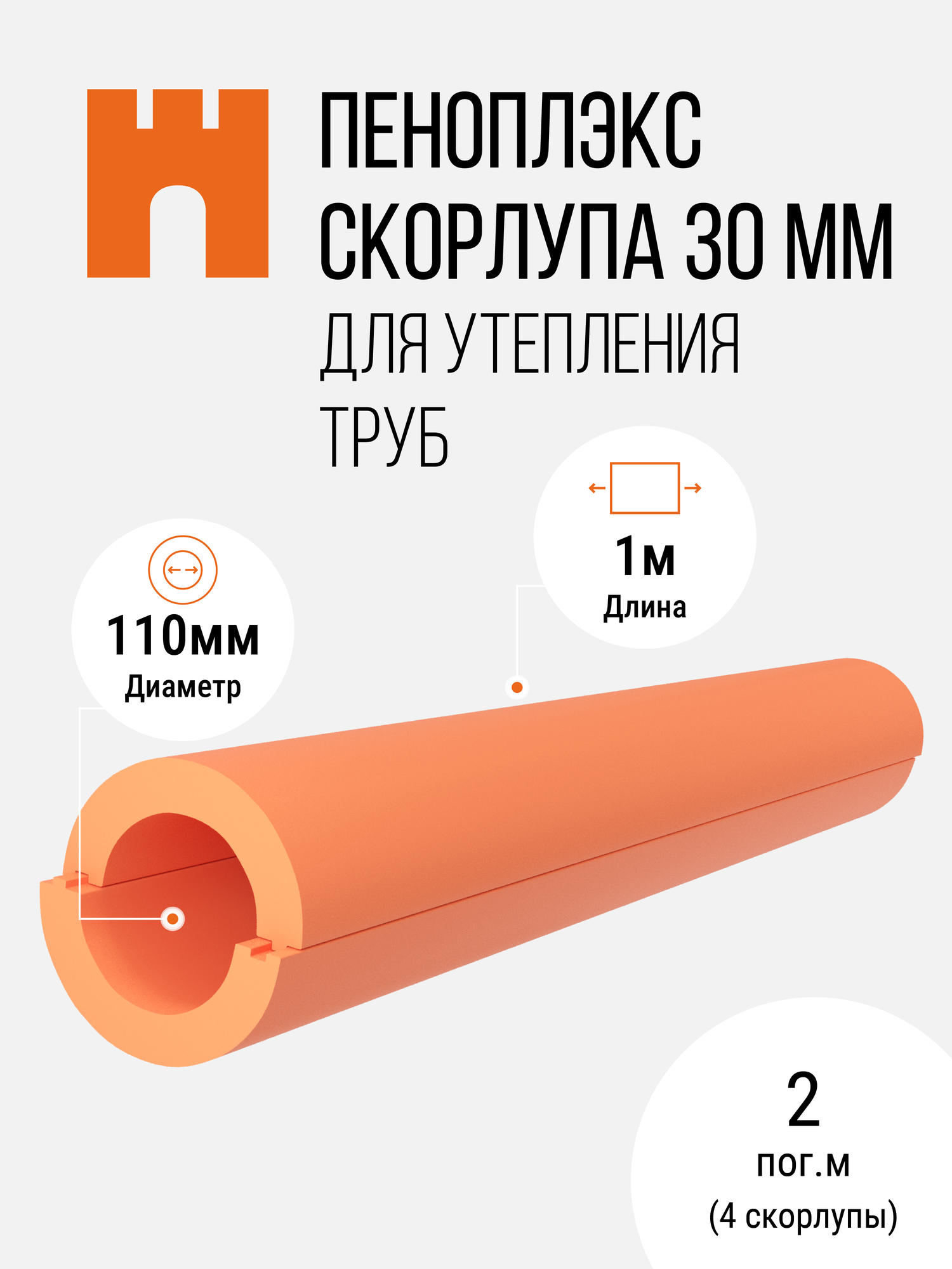 Утеплитель пеноплэкс для труб диаметром 110мм, скорлупа XPS 30мм, 2 пог. м, 4 скорлупы