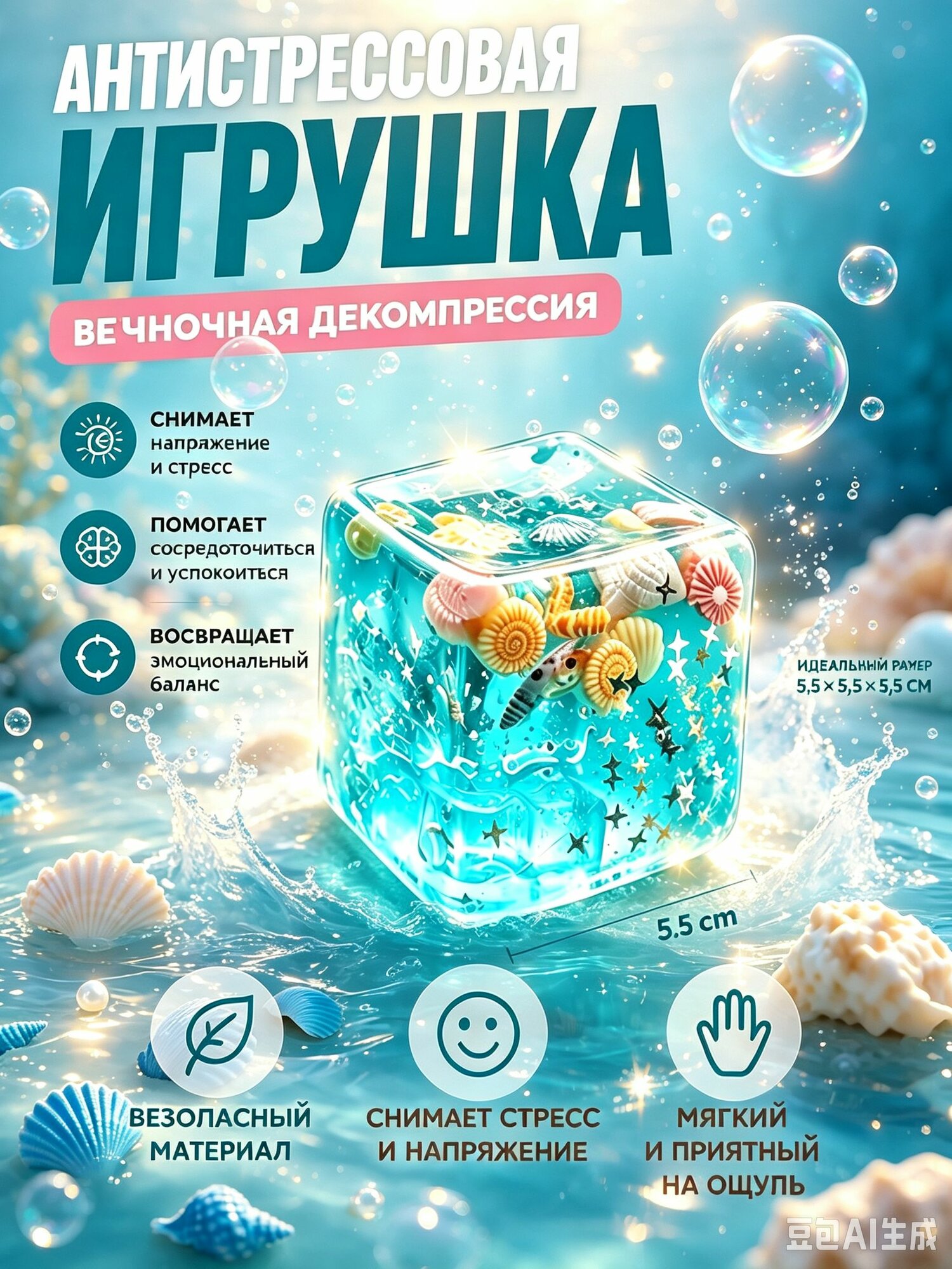 Игрушка антистресс сквиш куб Океанский остров 5.5*5.5 см, сенсорная сжималка с ракушками и блёстками