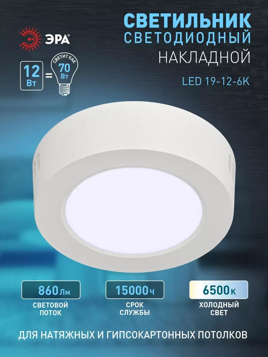 Светильник светодиодный / Точечный спот ЭРА LED 19-12-6K накладной круглый 12Вт 6500К