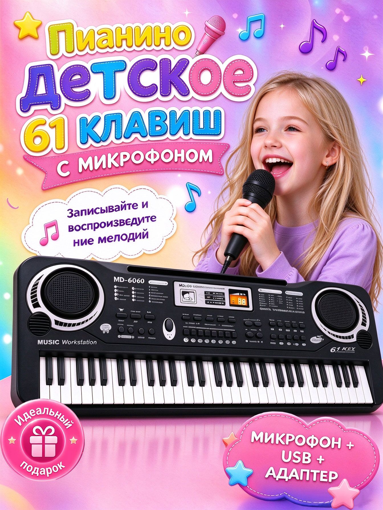 Пианино детское музыкальное с микрофоном, синтезатор 61 клавиша, детский синтезатор, музыкальная игрушка для девочек и мальчиков, с функцие