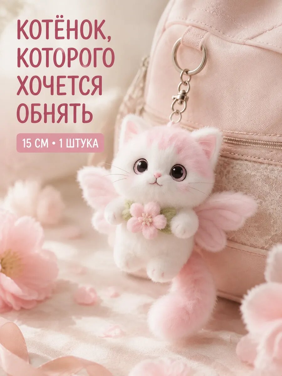 Плюшевый брелок крылатый котёнок 15 см на сумку