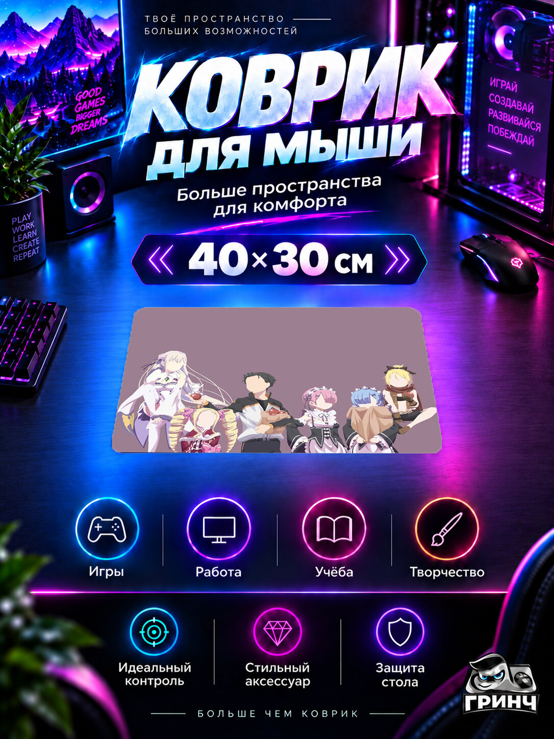 Игровой коврик для мыши 40×30 см — Re: Zero — Main Cast / Main Cast — Золотой Эхо / Golden Echo