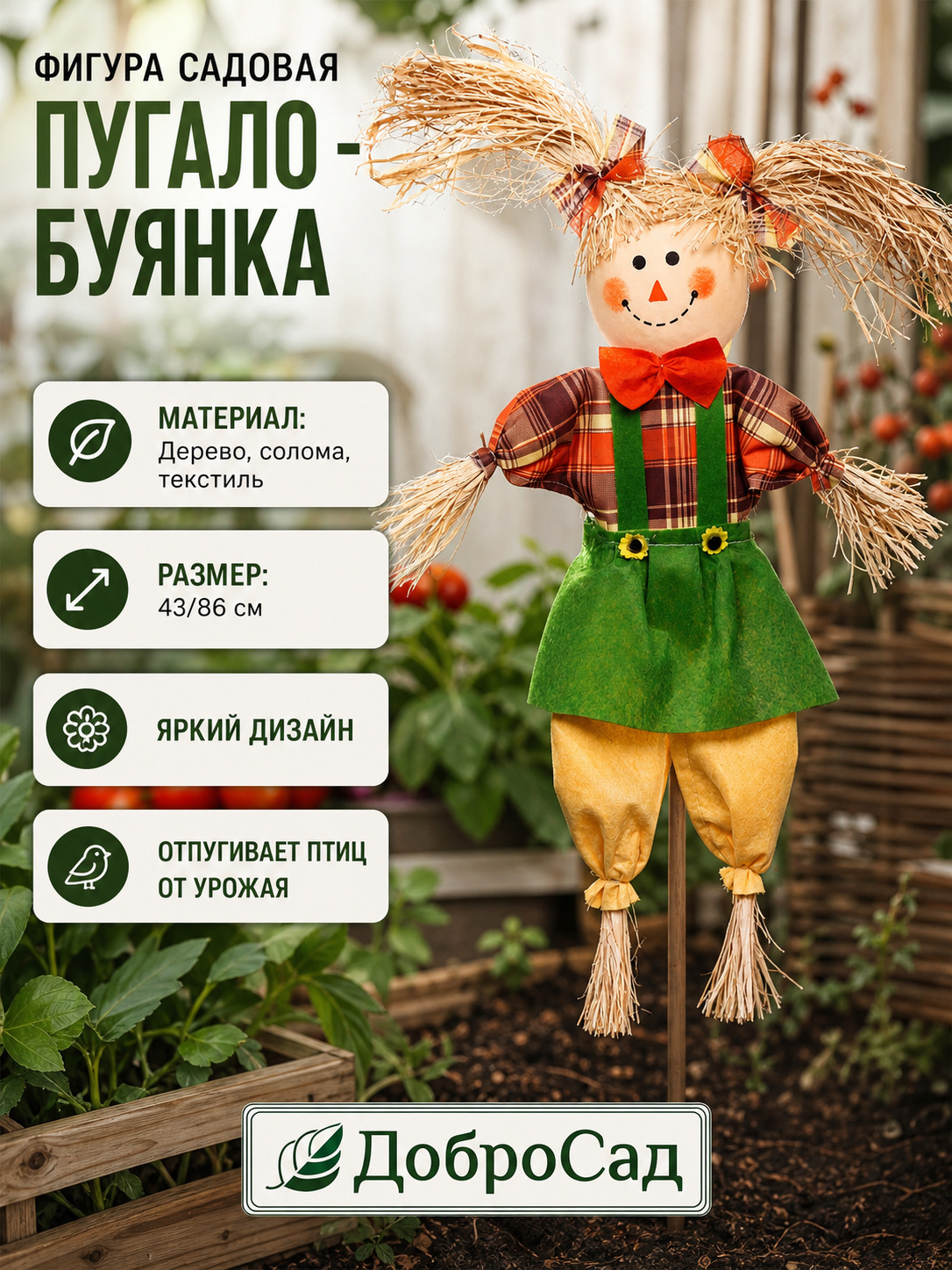 Фигура садовая Пугало Буянка 43-86 см, дерево, солома, текстиль, Добросад