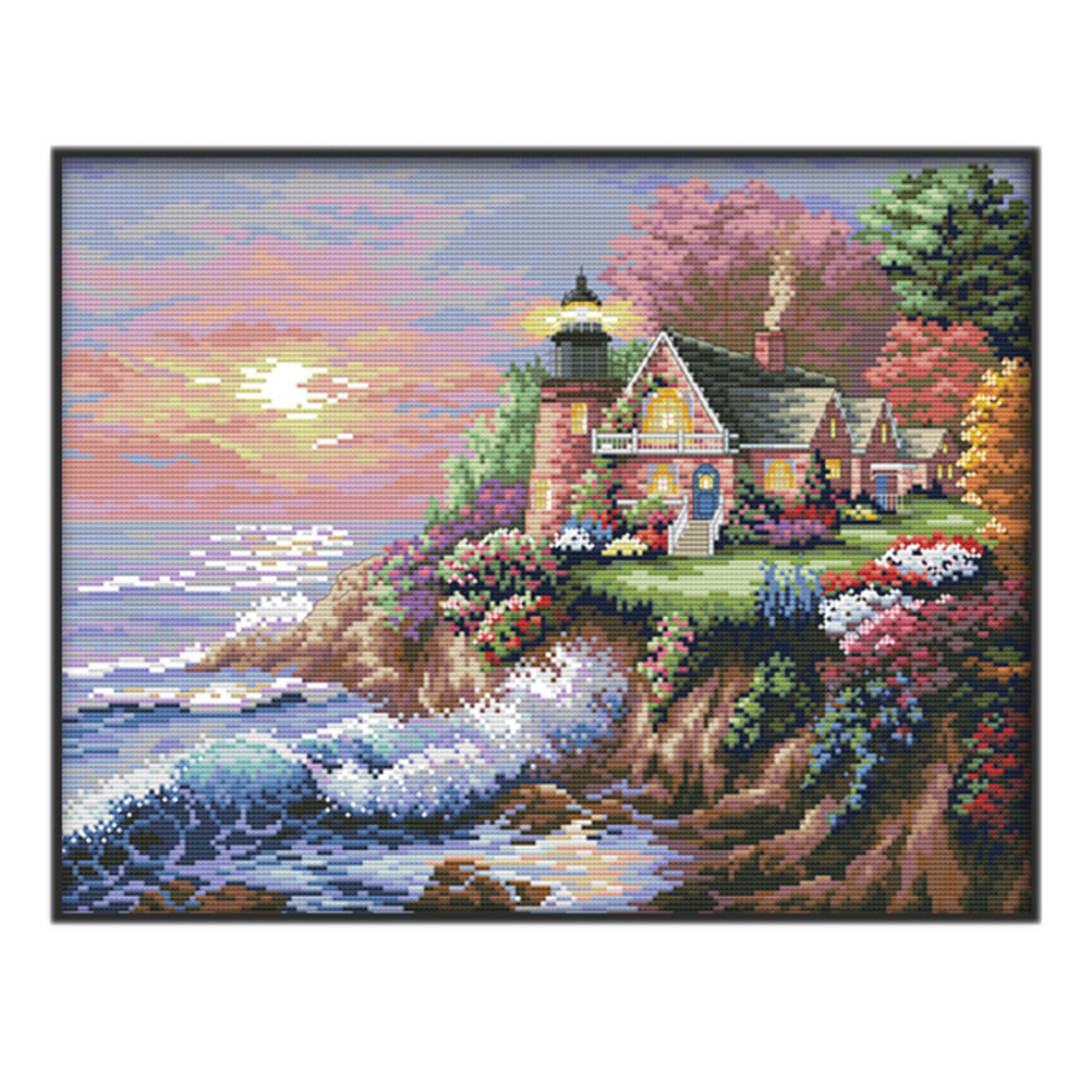 Декоративная Вышивка Крестом Морской Маяк 44x36cm Экологический Хлопок 14ct Двухслойная Печать Ткань