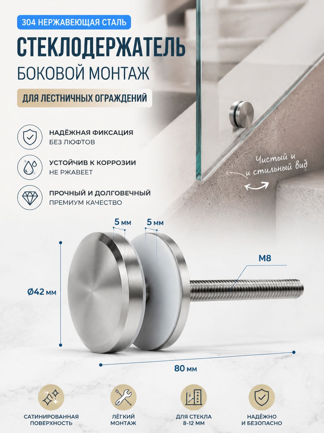Точечный стеклодержатель из нержавеющей стали d 42мм, для стекла 8-16 мм с отступом от стены 5 мм.