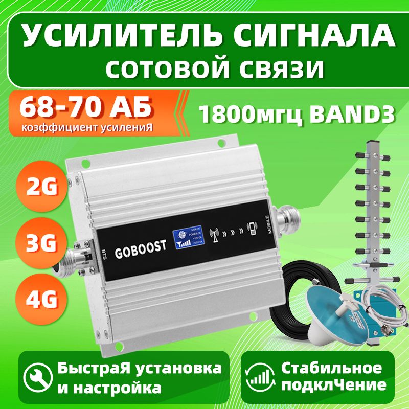 Усилитель сигнала сотовой связи и интернета. Репитер LTE, 4G, 3G, 2G GSM 1800 МГц до 300 м2 (2 антенна) GOBOOST