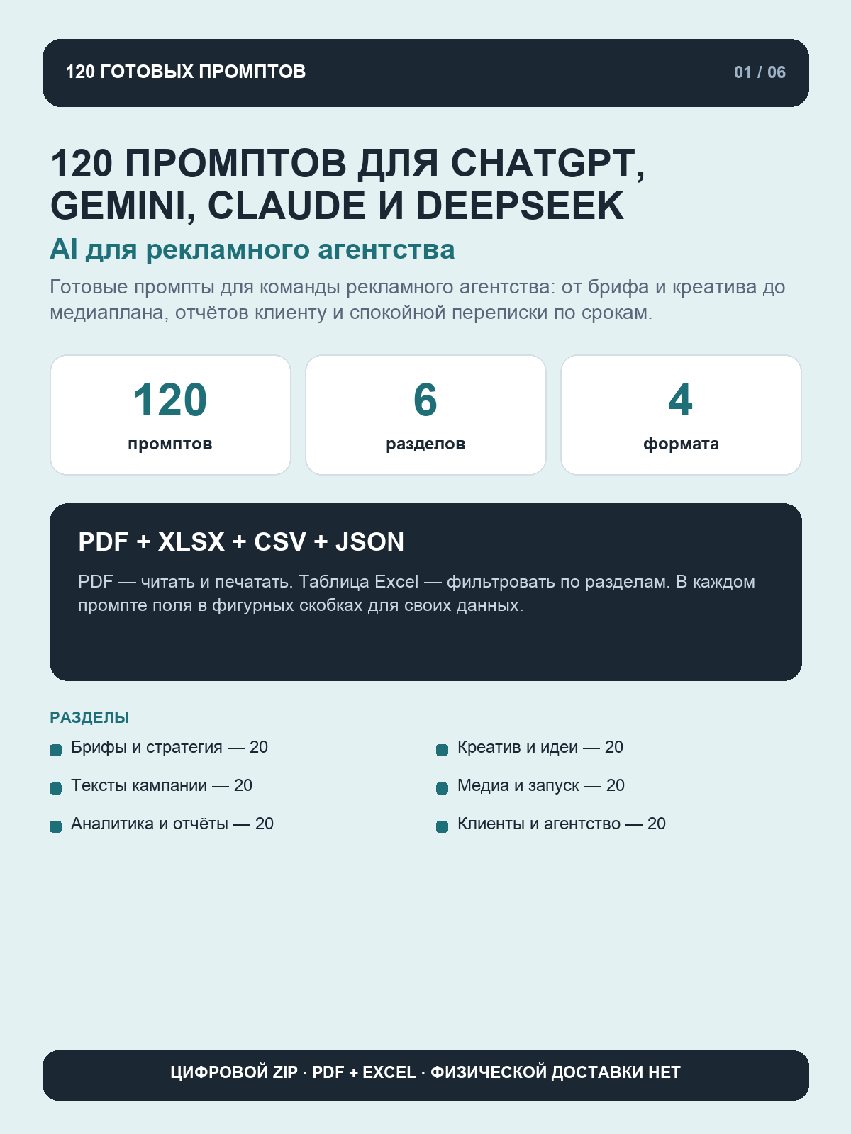 AI для рекламного агентства: 120 промптов для ChatGPT, Gemini, Claude и DeepSeek, цифровой ZIP PDF и Excel