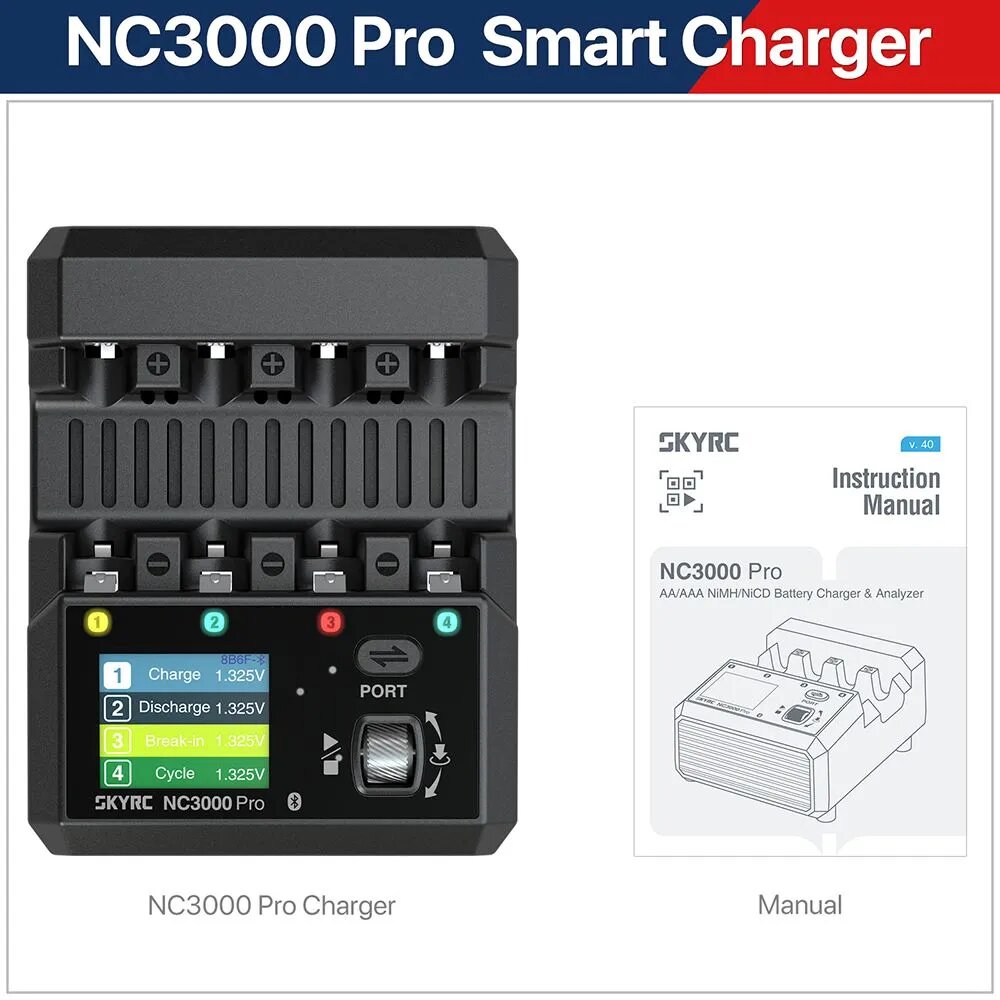 Интеллектуальное зарядное устройство SkyRC NC3000 Pro для AA/AAA аккумуляторов NiMH/NiCd, 4 слота, цветной экран, быстрая зарядка PD/QC, 6 режимов