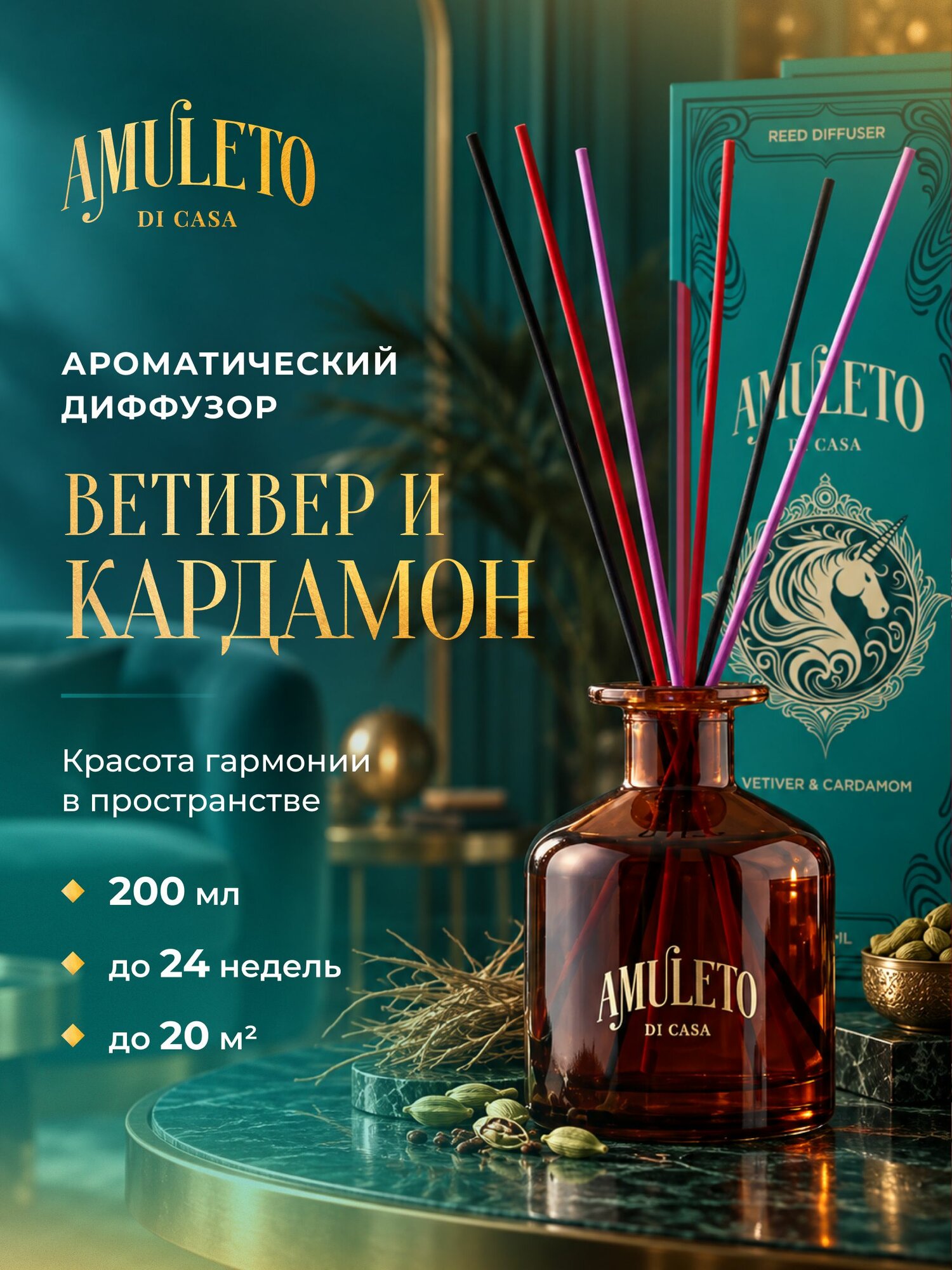Диффузор ароматический для дома Amuleto di Casa "Ветивер и Кардамон", 200 мл