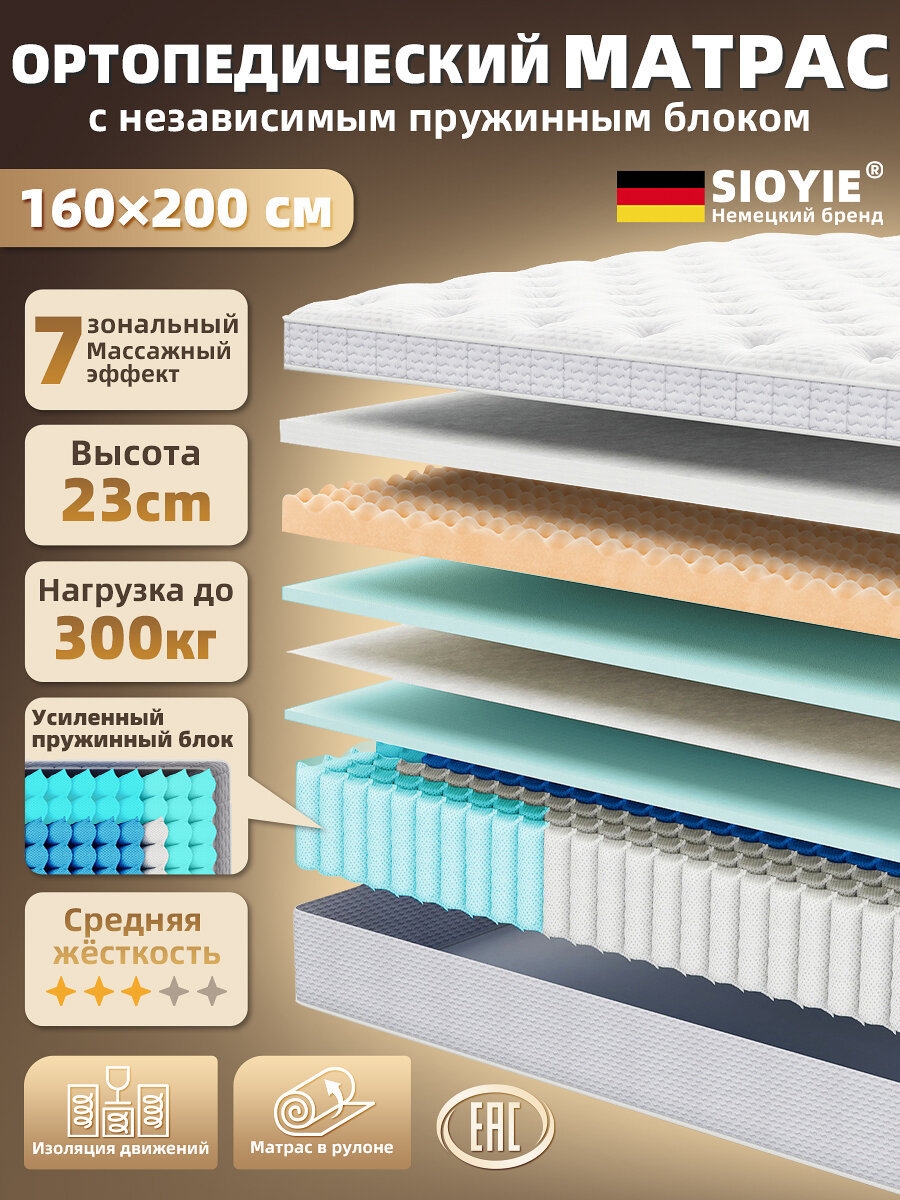 Матрас SIOYIE 160х200 см, пружинный ортопедический, с независимыми пружинами