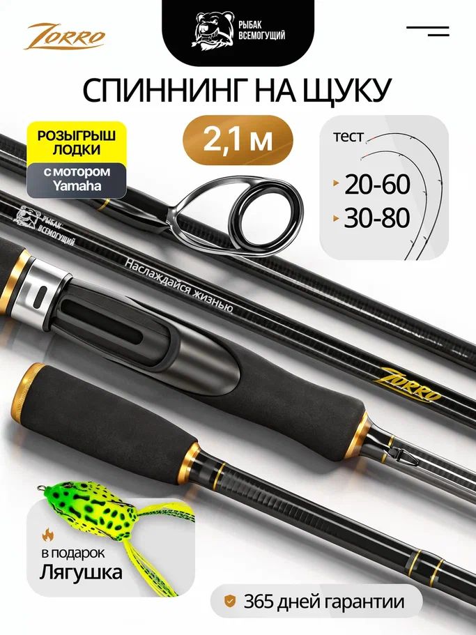 Спиннинг на щуку Рыбак Всемогущий Зорро штекерный 210 см. два хлыста, тест 20-60, 30-80 гр