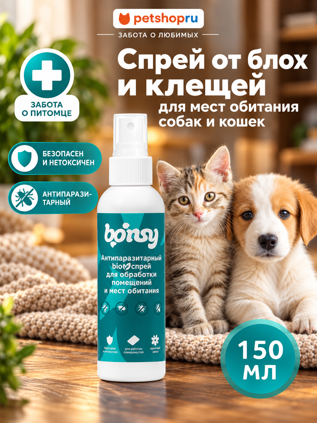 Bonsy Спрей от блох и клещей для мест обитания собак и кошек 150 мл