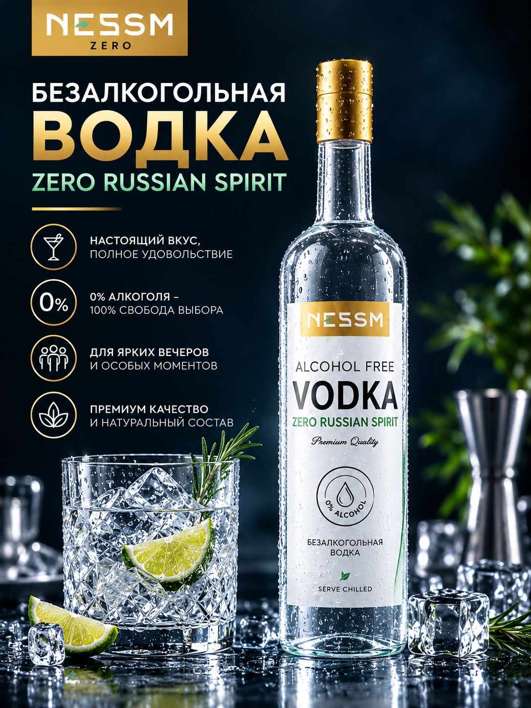 Безалкогольная водка NESSM Zero Russian Spirit / Безалкогольный зерновой дистиллят, 0,5 л, 0% спирта, основа для коктелей