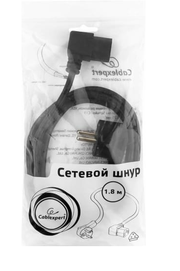 Кабель питания Cablexpert PC-186A-VDE, Schuko-C13, VDE, 3х0.75мм2, 10А, 1.8м, угл. разъем