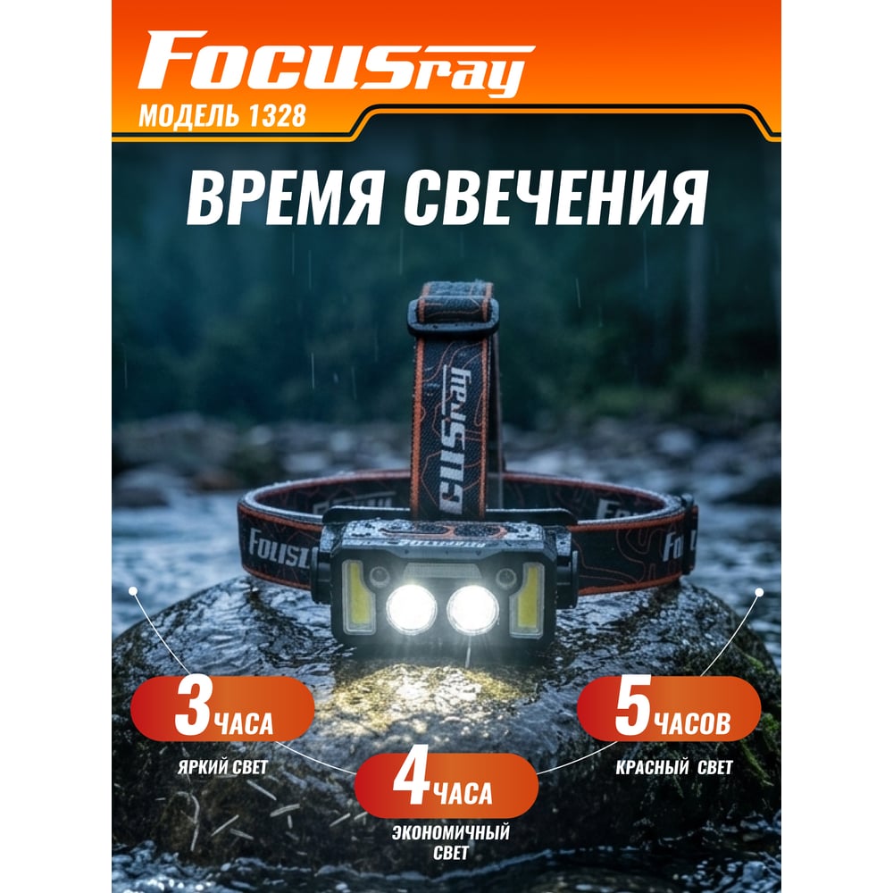 Налобный аккумуляторный фонарь Focusray 1328 акку 18650 2000 mАh 200 люмен, цифровой дисплей, сенсор, USB кабель 890477 — фото 1