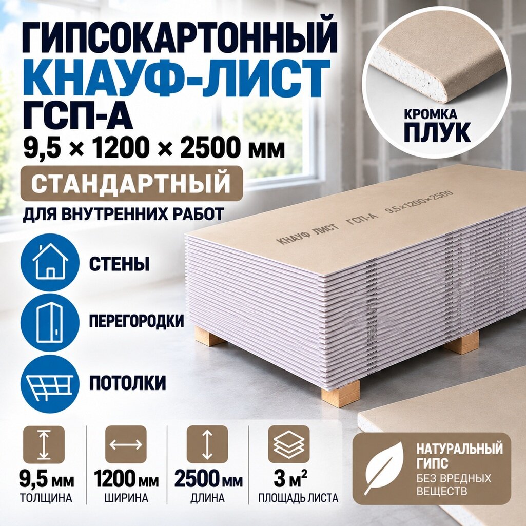 Гипсокартонный КНАУФ-лист ГСП-А 9.5?1200?2500 мм стандартный для внутренней отделки