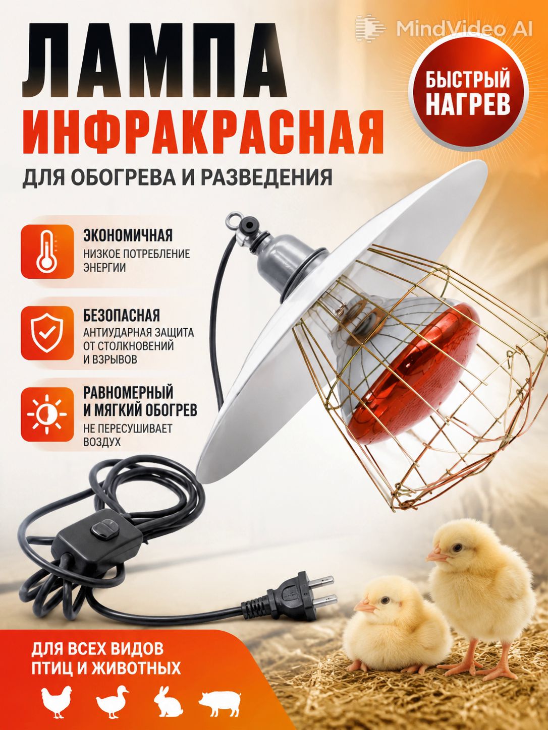 GEALFIS Инфракрасная лампа обогрева 250Вт, металлический абажур для молодняка птицы, цыплят, террариума (с керамическим патроном)