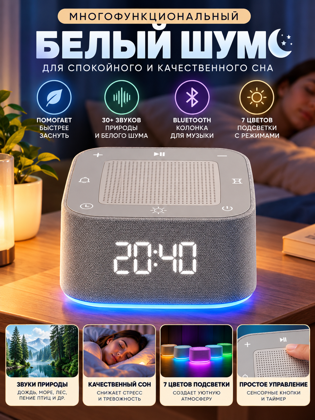 Генератор белого шума, Bluetooth-колонка с часами, 7 цветов подсветки, таймер сна, для спальни