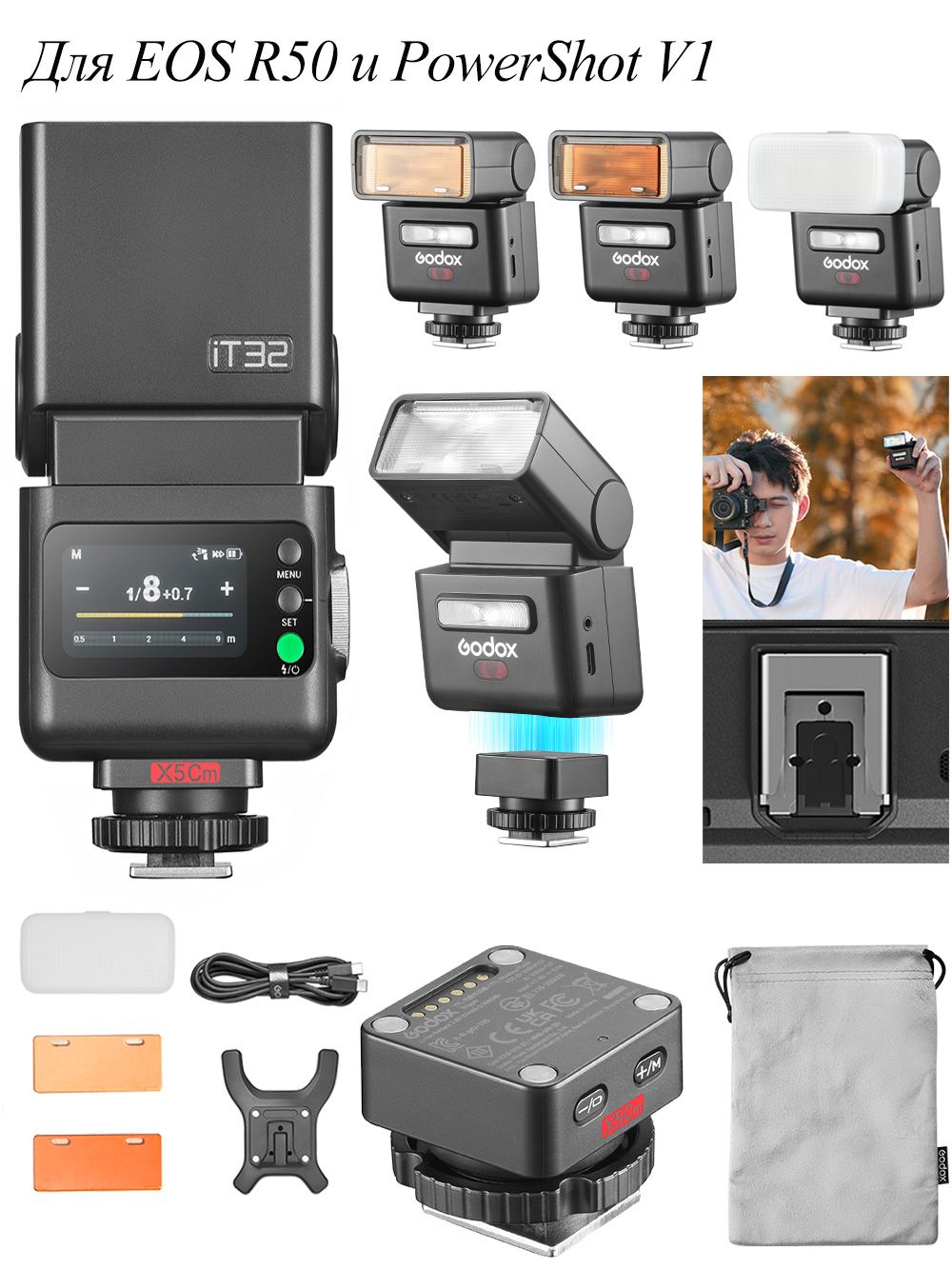 GODOX iT32 вспышка TTL для Canon с беспроводным триггером X5CM. Совместима с R50 и PowerShot V1 Магнитный горячий башмак и триггер 2-в-1 GODOX Bспышка