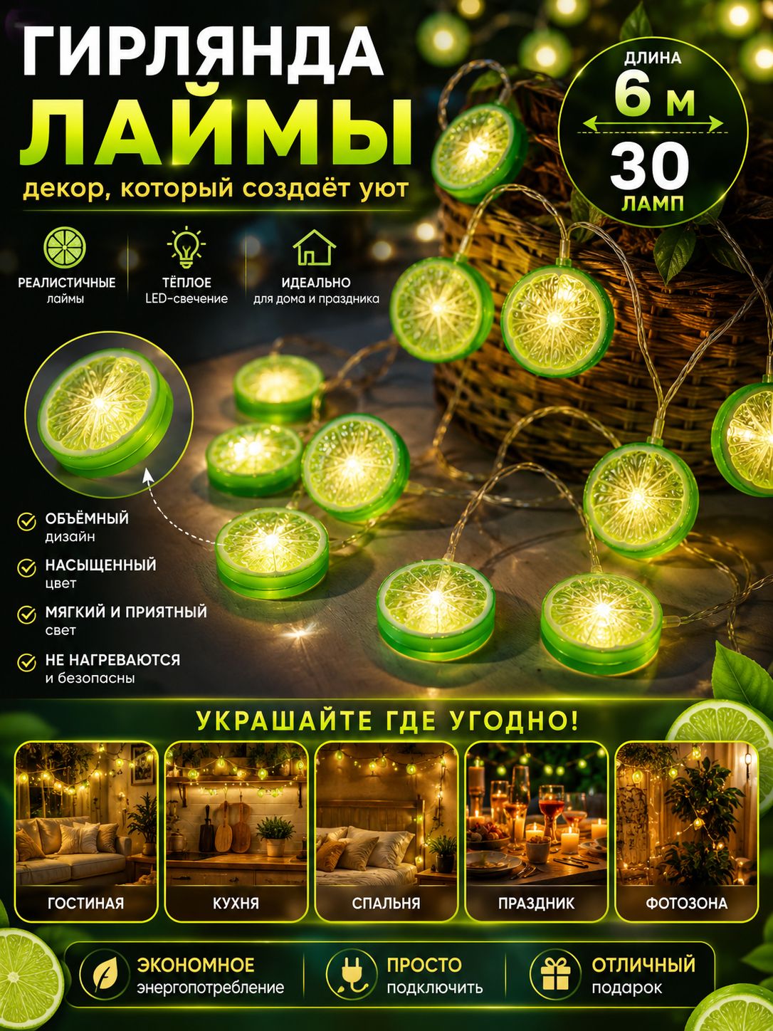 Гирлянда интерьерная лайм / Электрогирлянда нить фигурная, 6 м