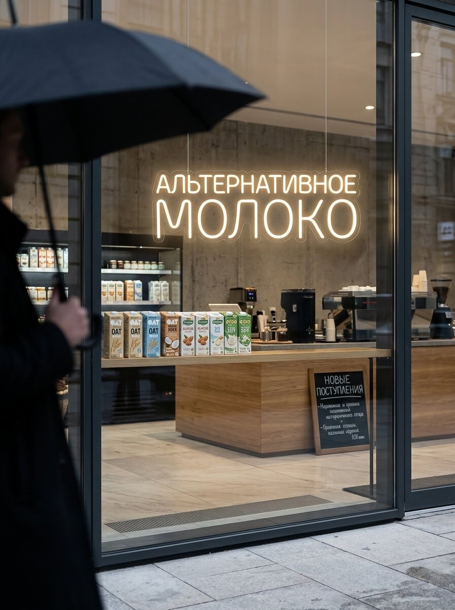 Неоновая вывеска "Альтернативное молоко" 105х30см, неоновая надпись, LED светильник для кофейни