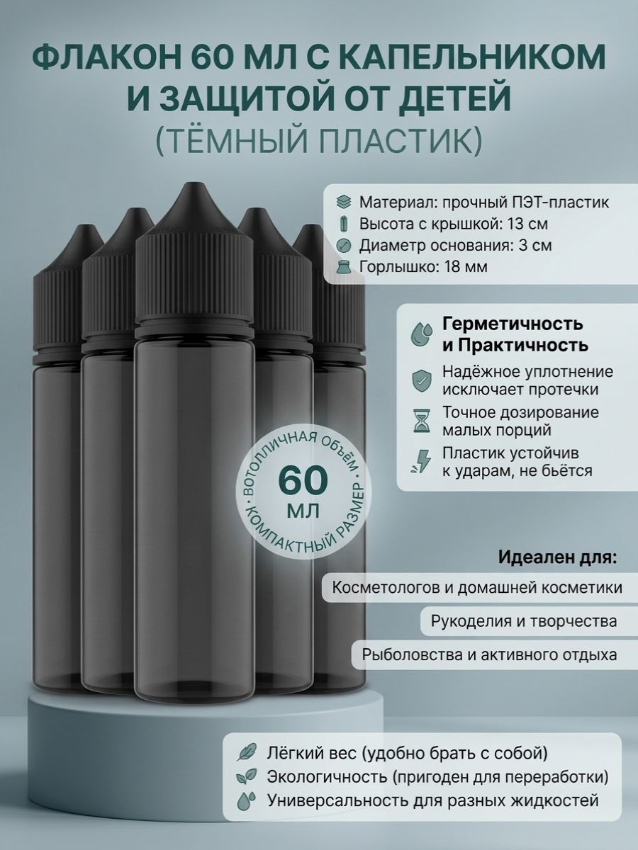 Флакон 60 мл 5 шт с капельником и защитой от детей (тёмный пластик)