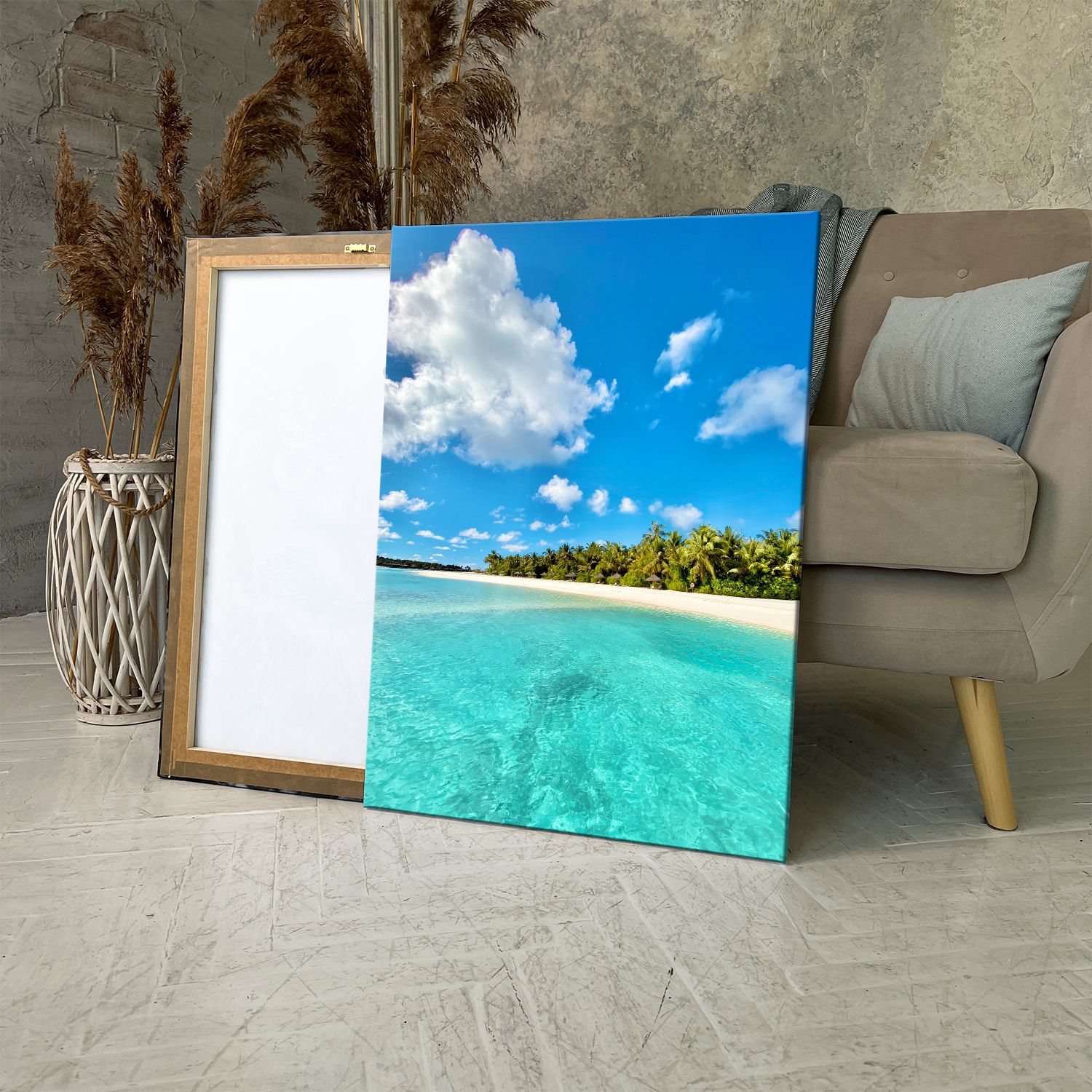 Картина на холсте (Природа море пляж, мальдивы фон для зума) 50x70 см. Интерьерная, на стену.
