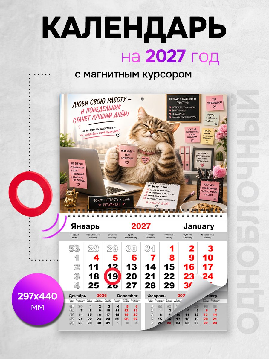 Календарь 2027 настенный моно с магнитным курсором