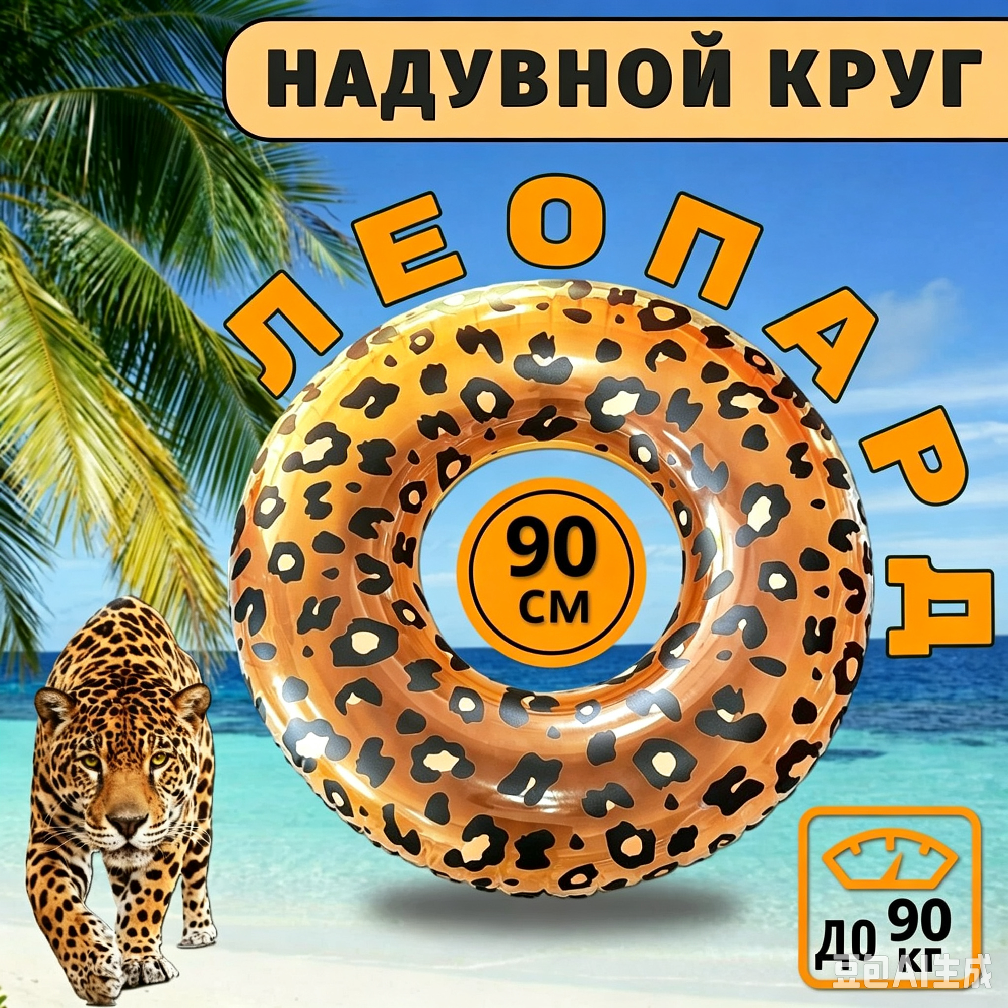 Надувной круг для плавания Леопард с принтом 90 см ПВХ для взрослых и детей 1 шт